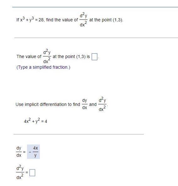 Solved If x3+y3=28, find the value of dx2d2y at the point | Chegg.com