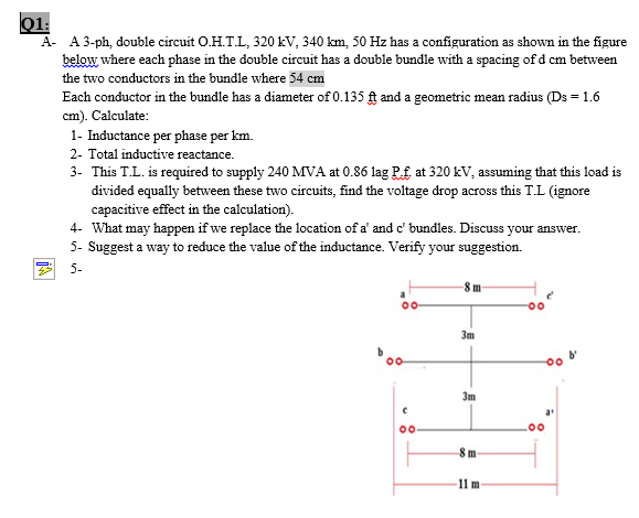 Solved 01: A- A 3-ph, double circuit O.H.TL, 320 kV, 340 km, | Chegg.com