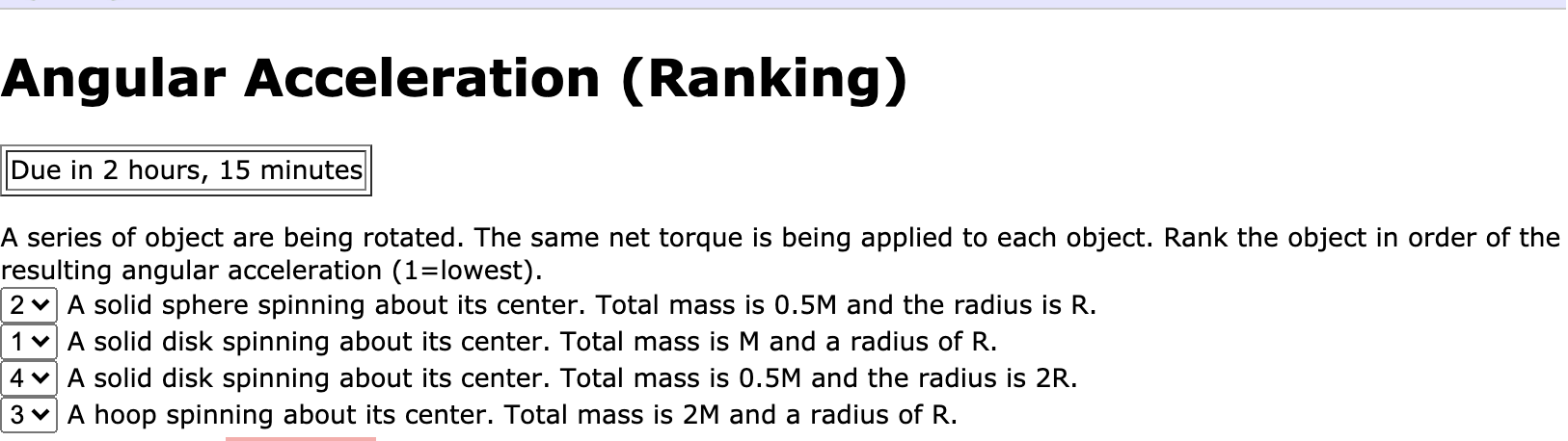 Solved Angular Acceleration (Ranking) Due in 2 hours, 15 | Chegg.com