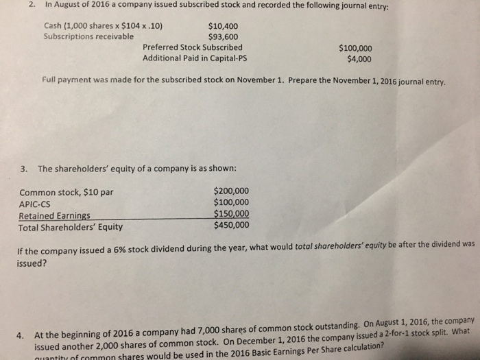 Solved 2. In August of 2016 a company issued subscribed | Chegg.com