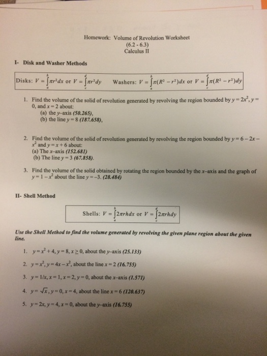 Volumes Of Revolution Worksheet