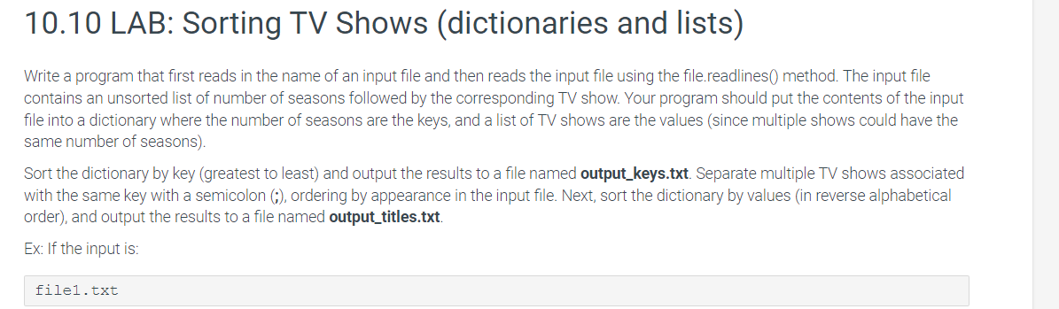 Solved 10.10 LAB: Sorting TV Shows (dictionaries and lists) | Chegg.com