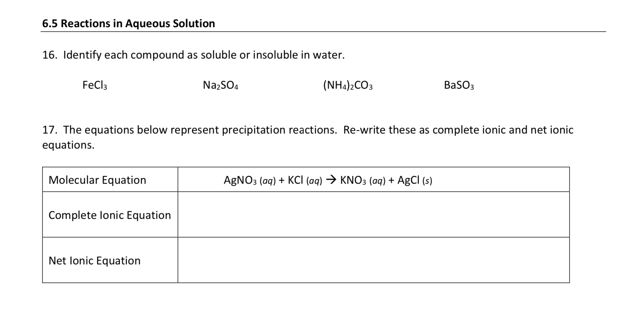 Solved 6.5 Reactions in Aqueous Solution 16. Identify each | Chegg.com
