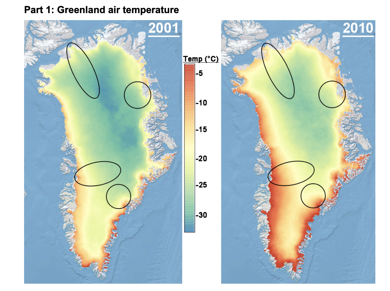 Solved Part 1: Greenland air temperature 2001 2010 Temp (°C) | Chegg.com