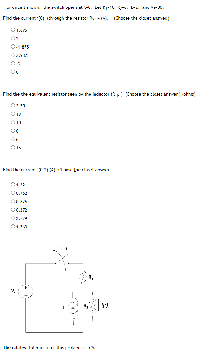 Solved For circuit shown, the switch opens at t=0. Let | Chegg.com
