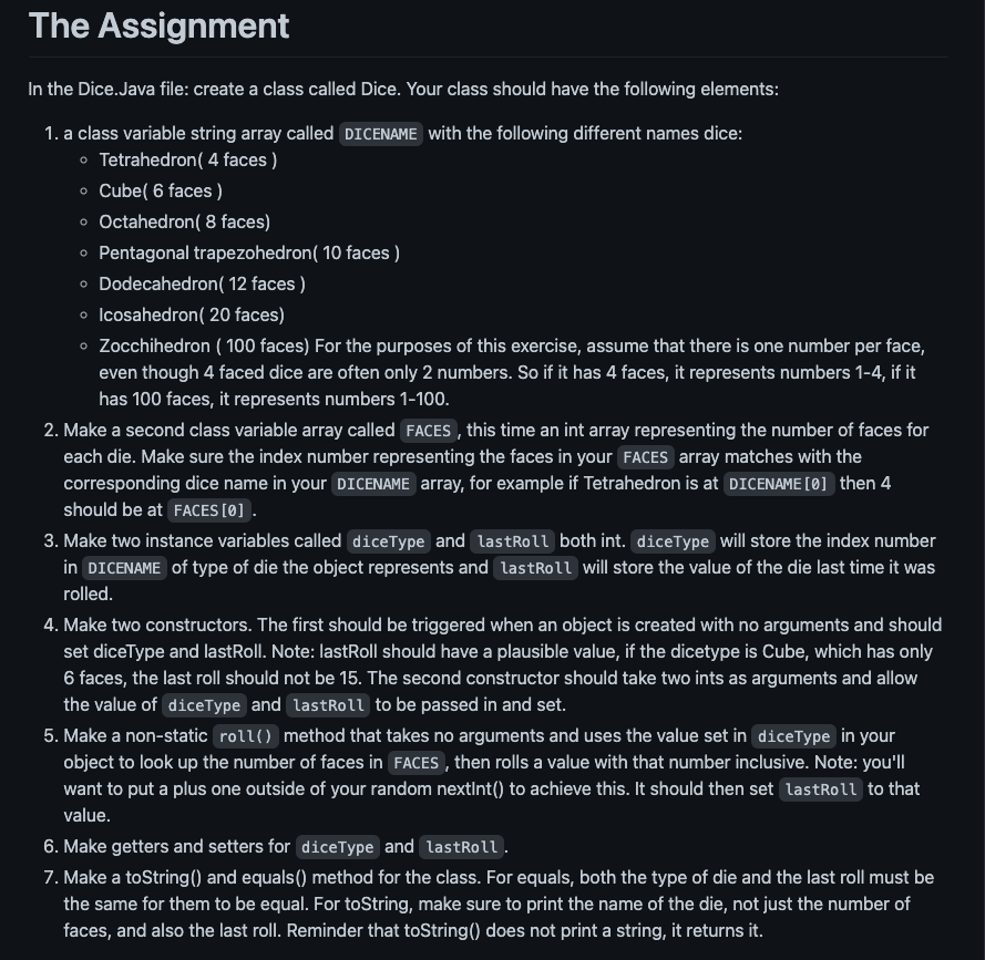 Solved The Assignment In the Dice.Java file: create a class | Chegg.com