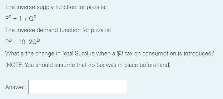 Solved The inverse supply function for pizza is: PS = 4 + OS | Chegg.com
