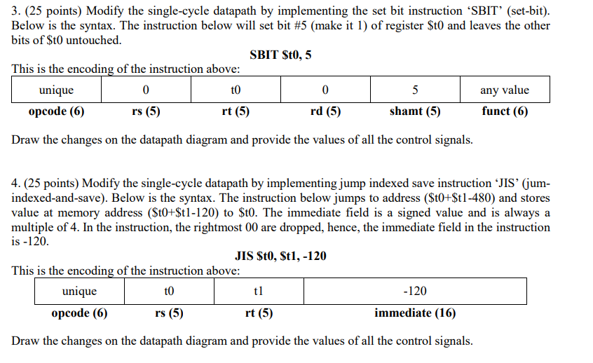 3 25 Points Modify The Single Cycle Datapath By