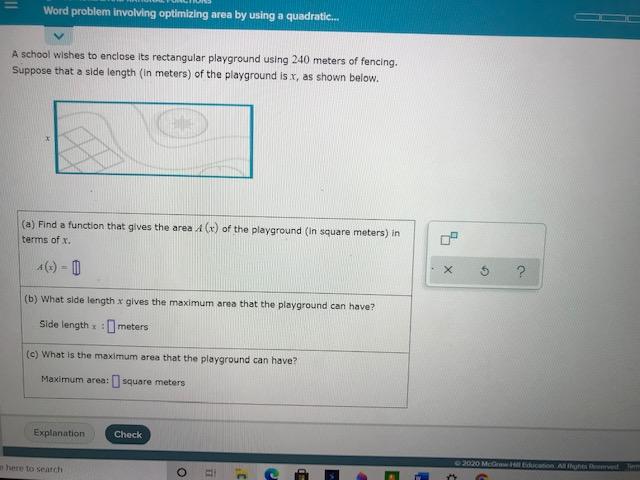Solved Word problem involving optimizing area by using a | Chegg.com