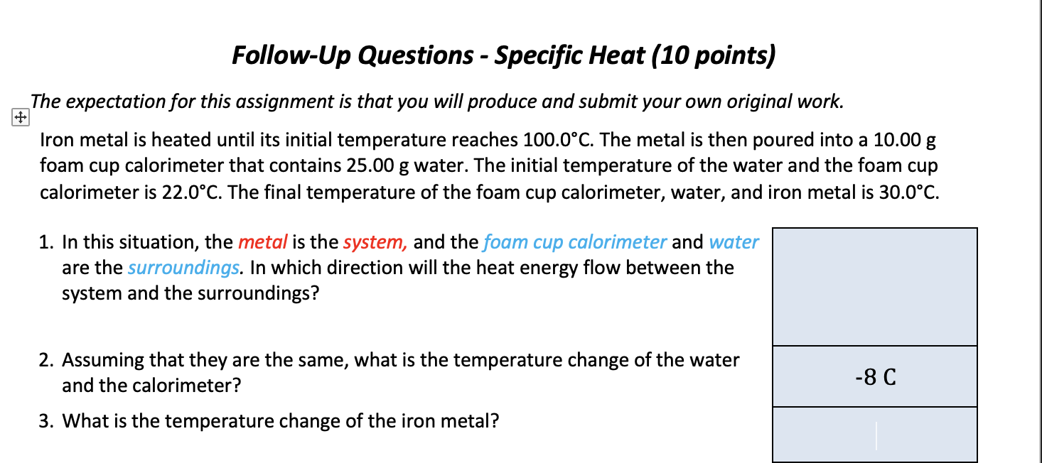 Solved Follow-Up Questions - Specific Heat (10 points) The | Chegg.com