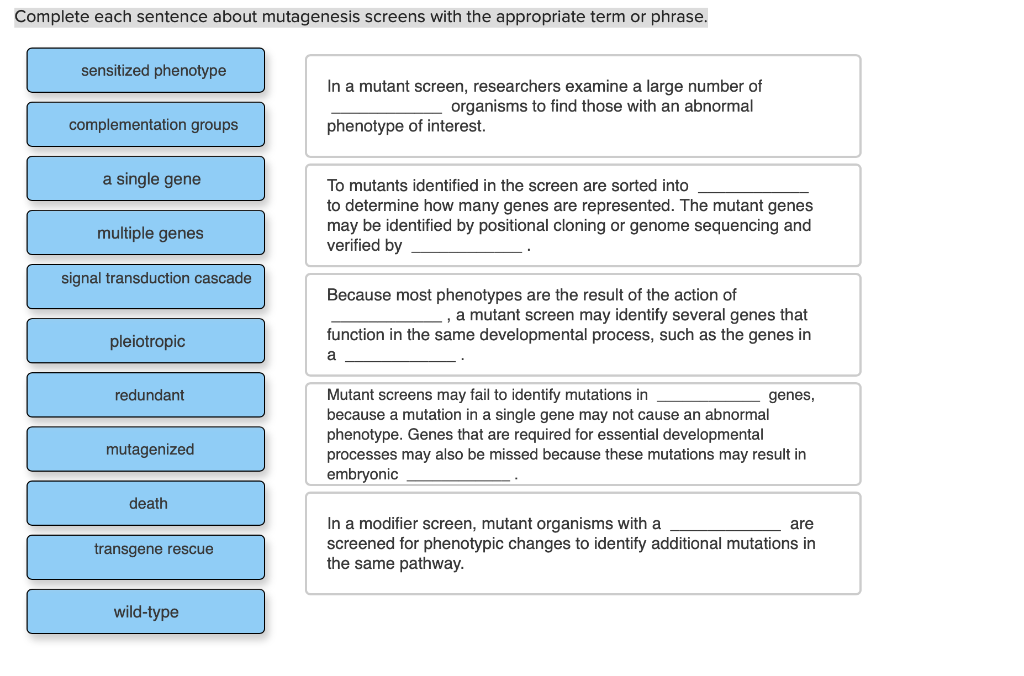 Solved Complete each sentence about mutagenesis screens with | Chegg.com