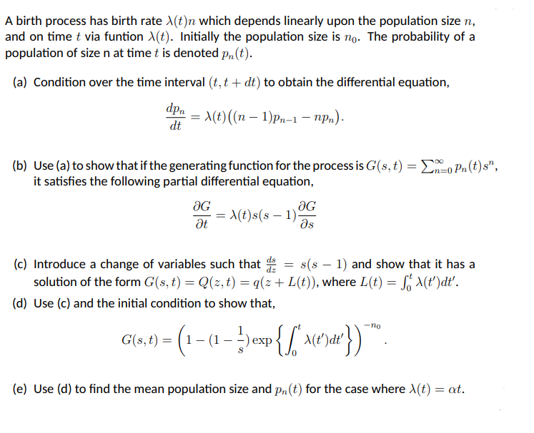 Solved A birth process has birth rate λ(t)n which depends | Chegg.com