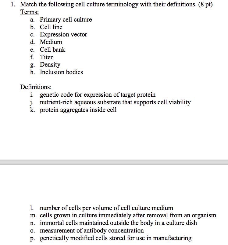 Solved 1. Match the following cell culture terminology with | Chegg.com