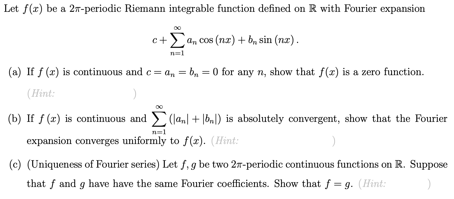 Solved Let f(x) be a 2π-periodic Riemann integrable function | Chegg.com
