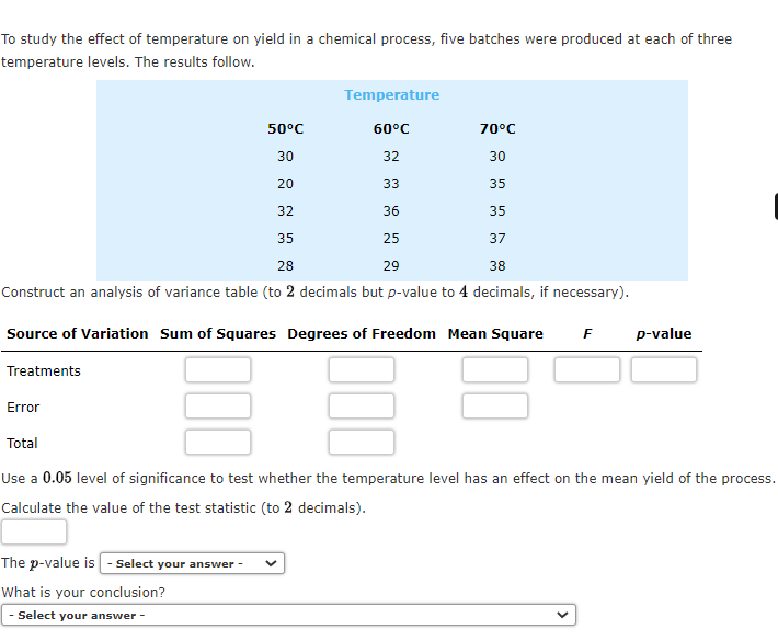 Solved To study the effect of temperature on yield in a | Chegg.com