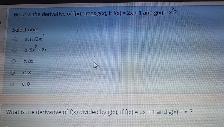 Solved What is the derivative of f(x) times g(x), if f(x) = | Chegg.com