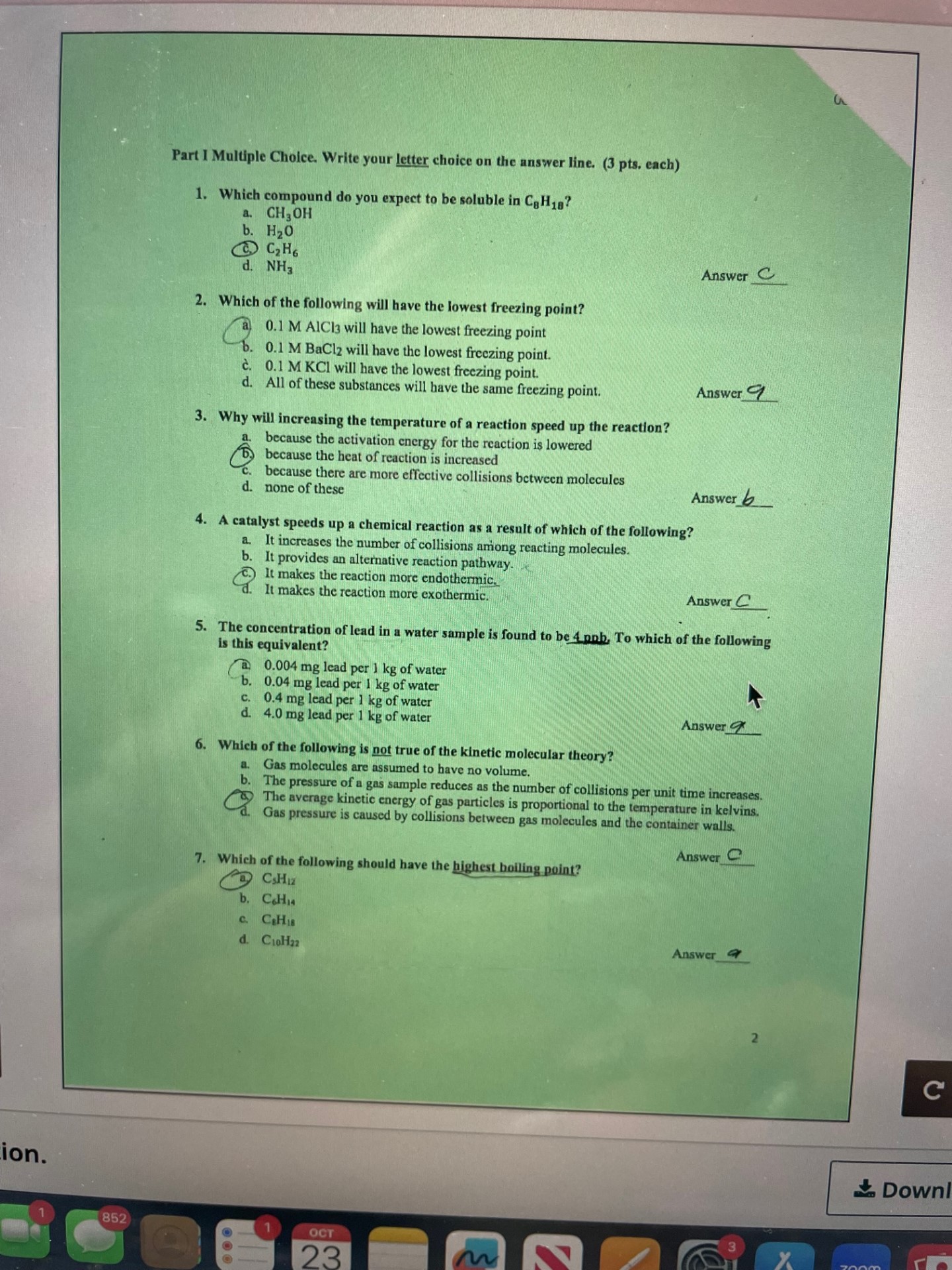 Part I Multiple Choice. Write your letter choice on | Chegg.com