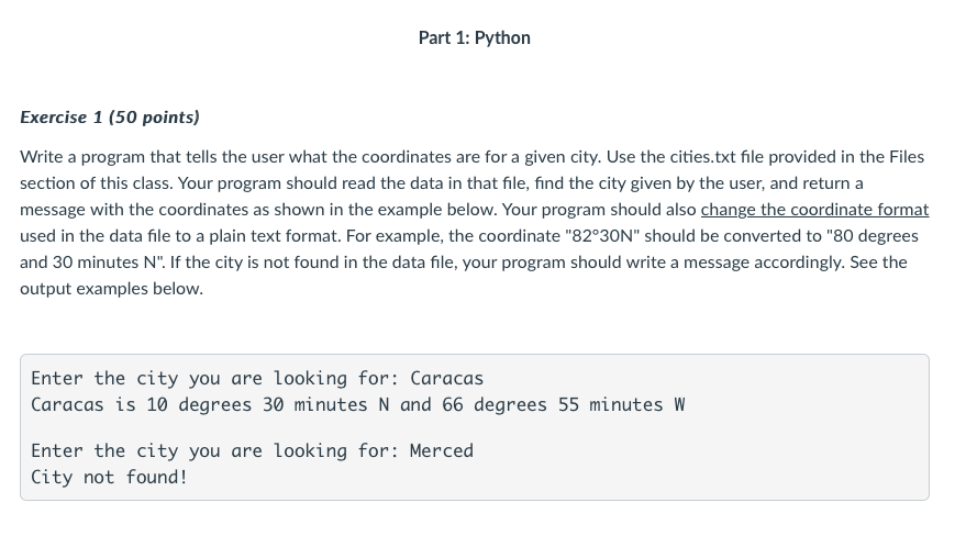 Solved Part 1: Python Exercise 1 (50 points) Write a program | Chegg.com
