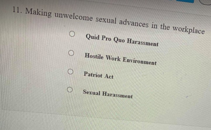 Solved 11. Making unwelcome sexual advances in the workplace | Chegg.com