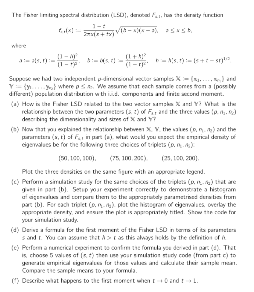Solved The Fisher limiting spectral distribution (LSD), | Chegg.com