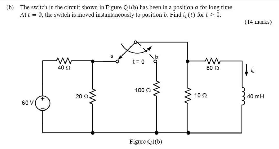 Solved (b) The switch in the circuit shown in Figure Q1(b) | Chegg.com
