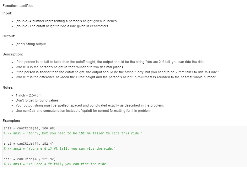 Solved Function: canIRide Input: - (double) A number | Chegg.com