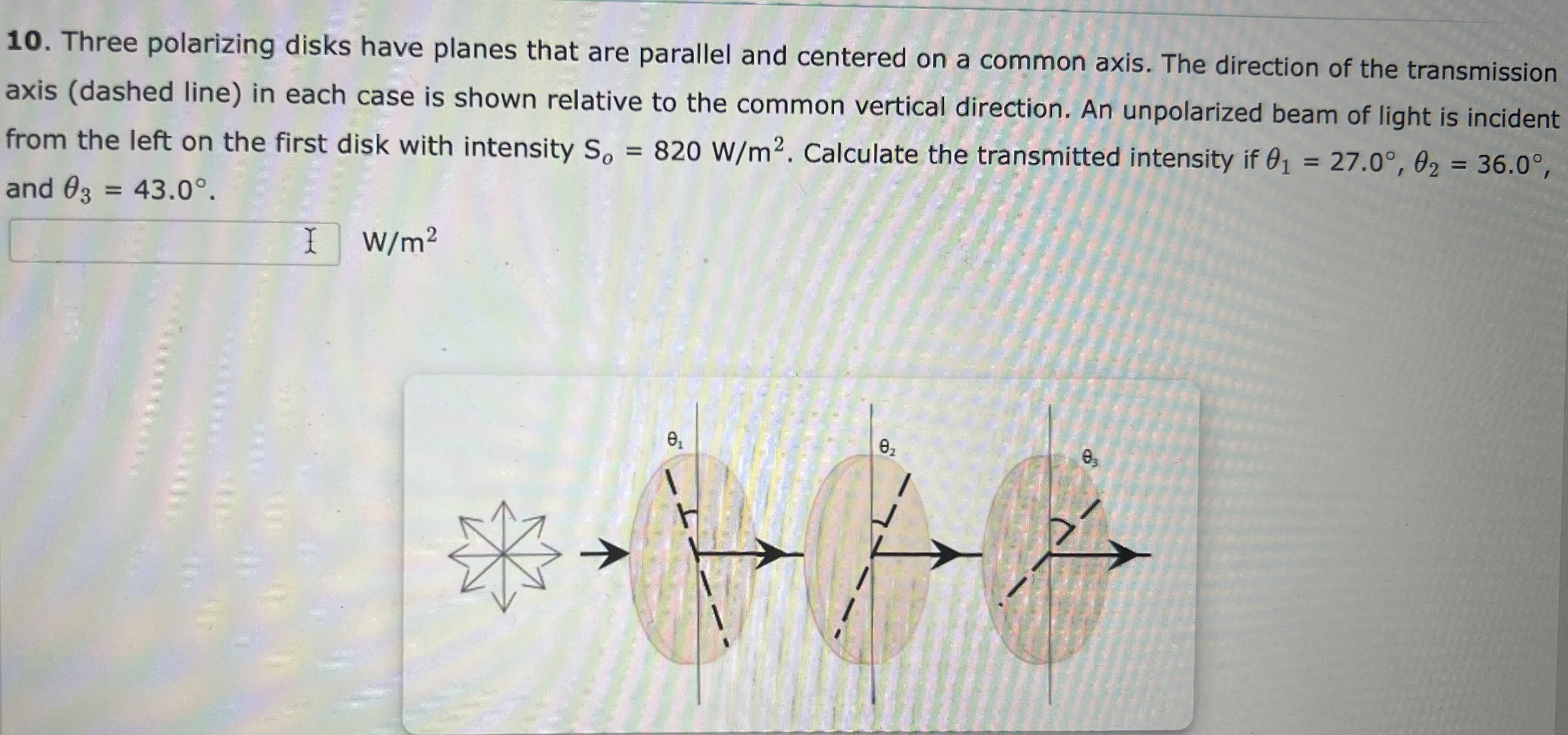 Solved Three polarizing disks have planes that are parallel | Chegg.com Solved Three polarizing disks have planes that are parallel | Chegg.com