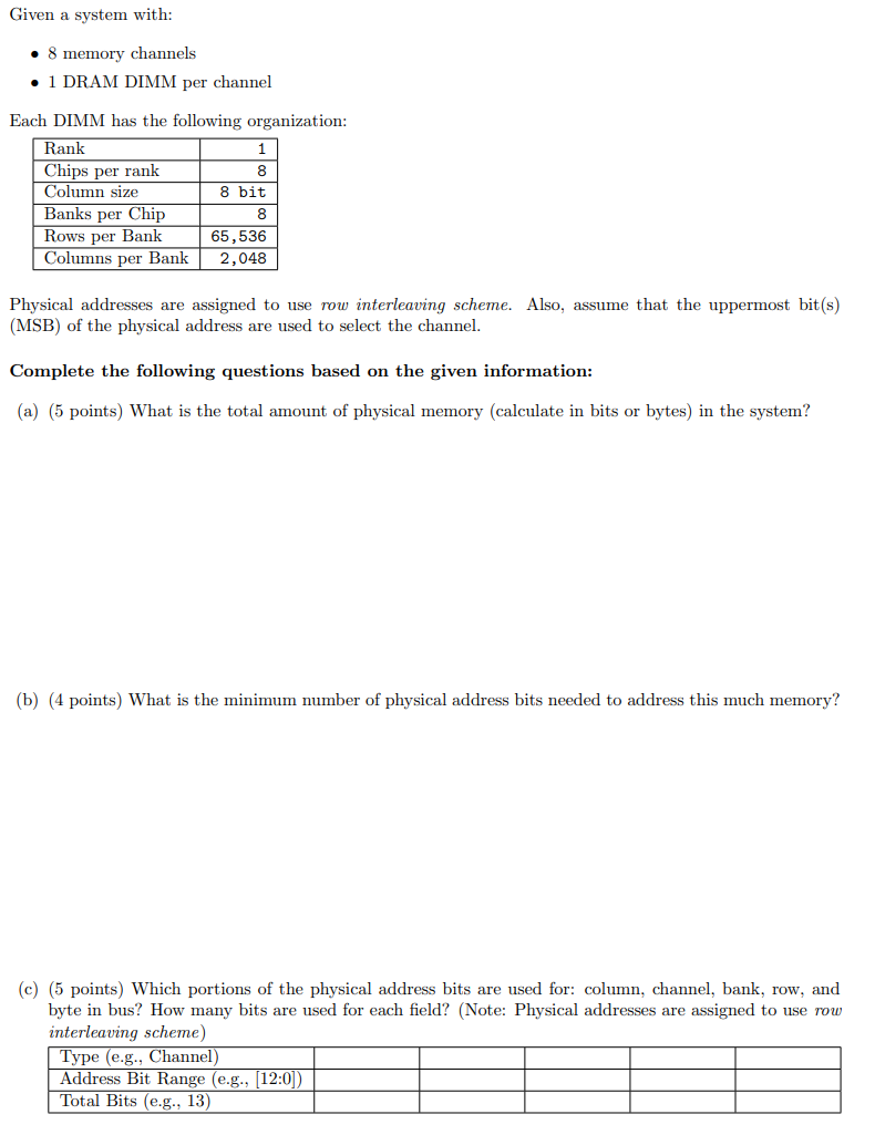 Solved Given a system with: • 8 memory channels . 1 DRAM | Chegg.com