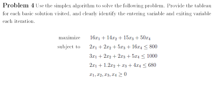 Solved Problem 4 Use the simplex algorithm to solve the | Chegg.com