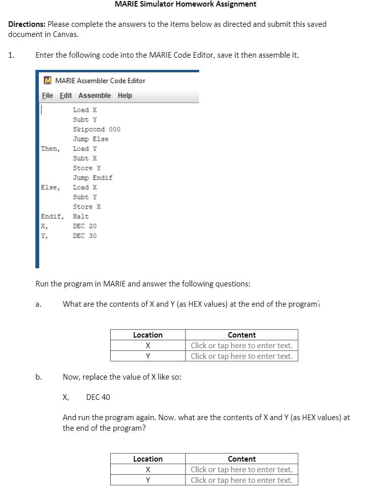 Solved MARIE Simulator Homework Assignment Directions: | Chegg.com