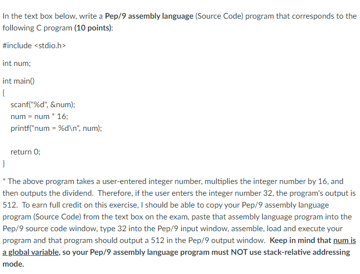 Solved In the text box below, write a Pep/9 assembly | Chegg.com