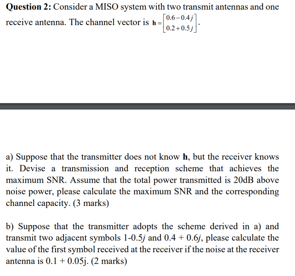 Question 2: Consider a MISO system with two transmit | Chegg.com