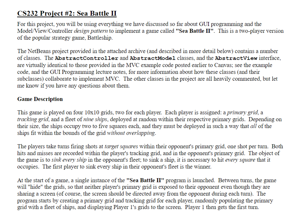 Solved CS232 Project \#2: Sea Battle II For this project, | Chegg.com