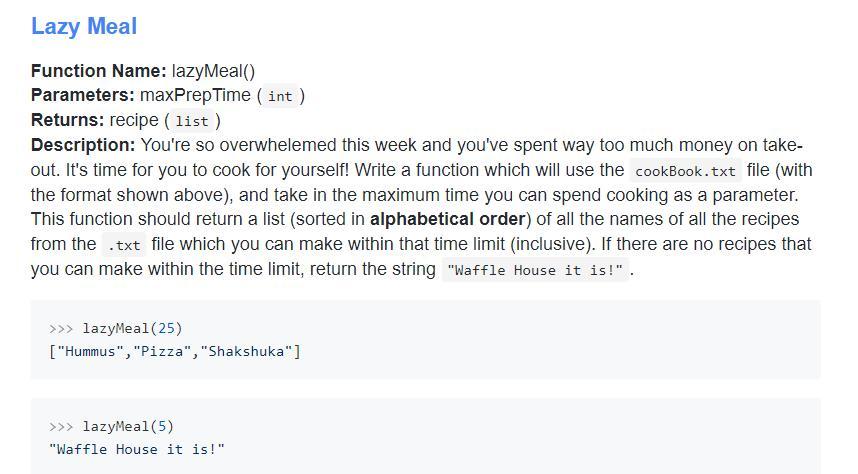 Solved Function Name: lazyMeal() Parameters: maxPrepTime ( | Chegg.com