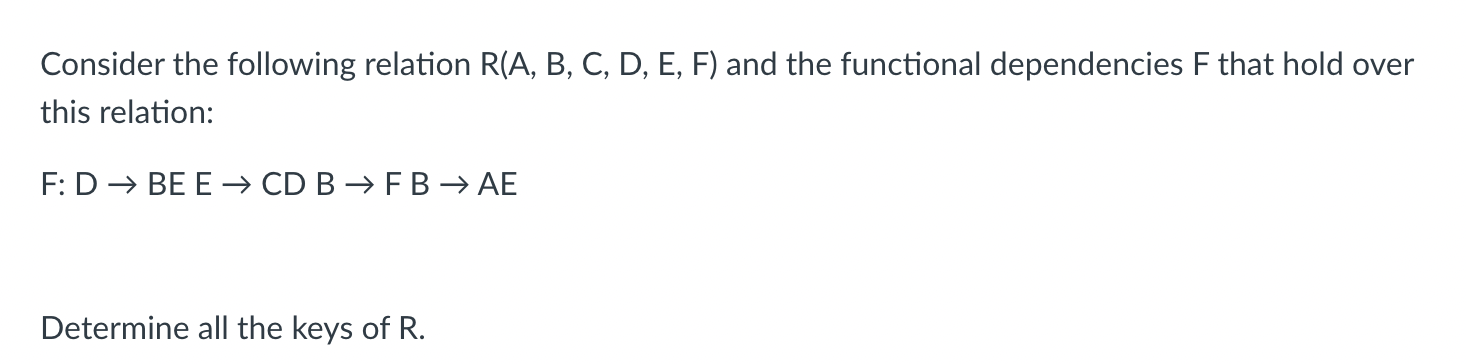 Solved Consider the following relation R(A,B,C,D,E,F) and | Chegg.com