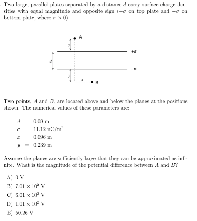 Solved Two large, parallel plates separated by a distance d | Chegg.com
