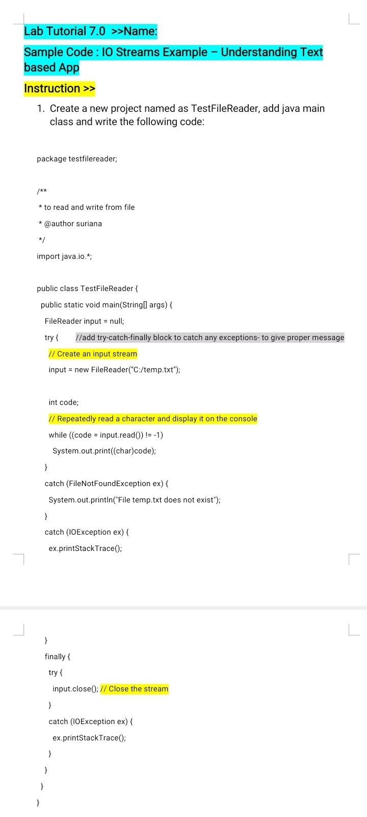 Solved Lab Tutorial 7.0 >>Name: Sample Code : 10 Streams | Chegg.com