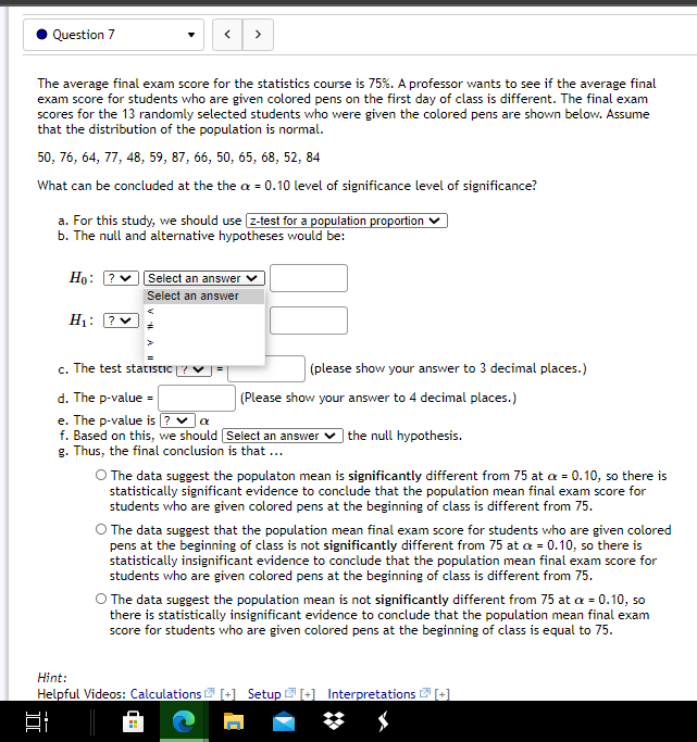 Solved Question 7 The average final exam score for the | Chegg.com