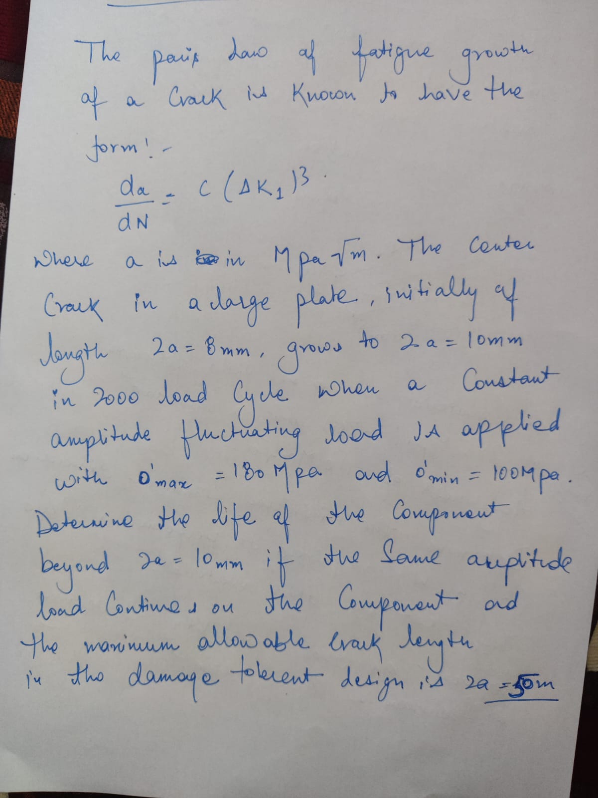 Solved The paris law of fatigue growthof a Crack is Known to | Chegg.com
