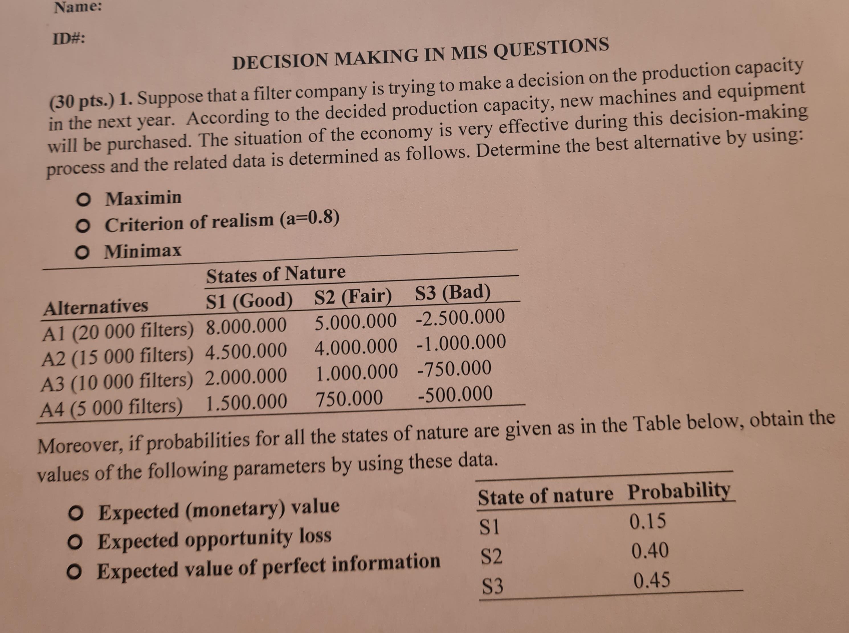 Solved ID\#: DECISION MAKING IN MIS QUESTIONS (30 pts.) 1. | Chegg.com