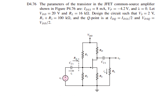 Solved D4.76 The parameters of the transistor in the JFET | Chegg.com