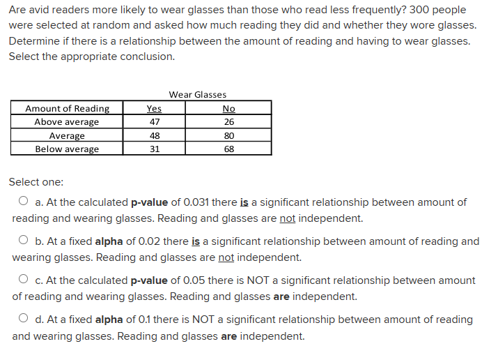 Solved Are avid readers more likely to wear glasses than | Chegg.com