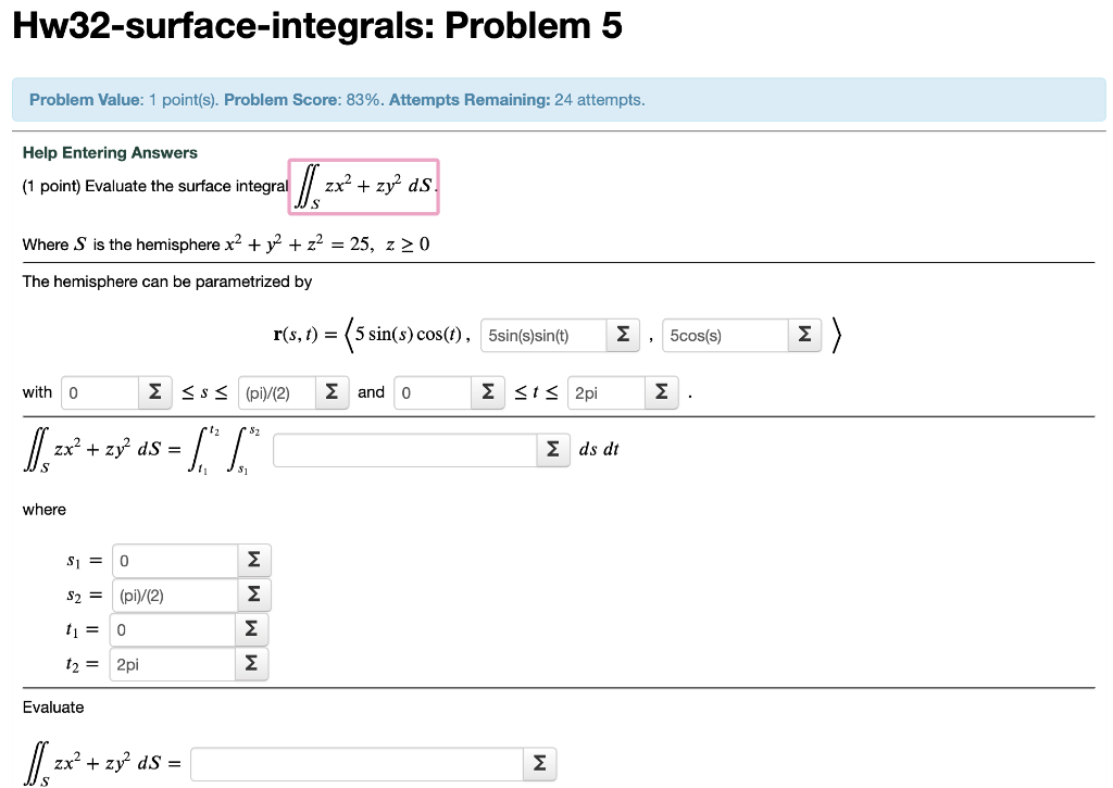 Solved Hw32-surface-integrals: Problem 5 Problem Value: 1 | Chegg.com