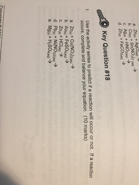 Solved a. Zns) + AgCl(ag) b. Cus) + Sn(NO3)2 (aq)> c. Agis) | Chegg.com