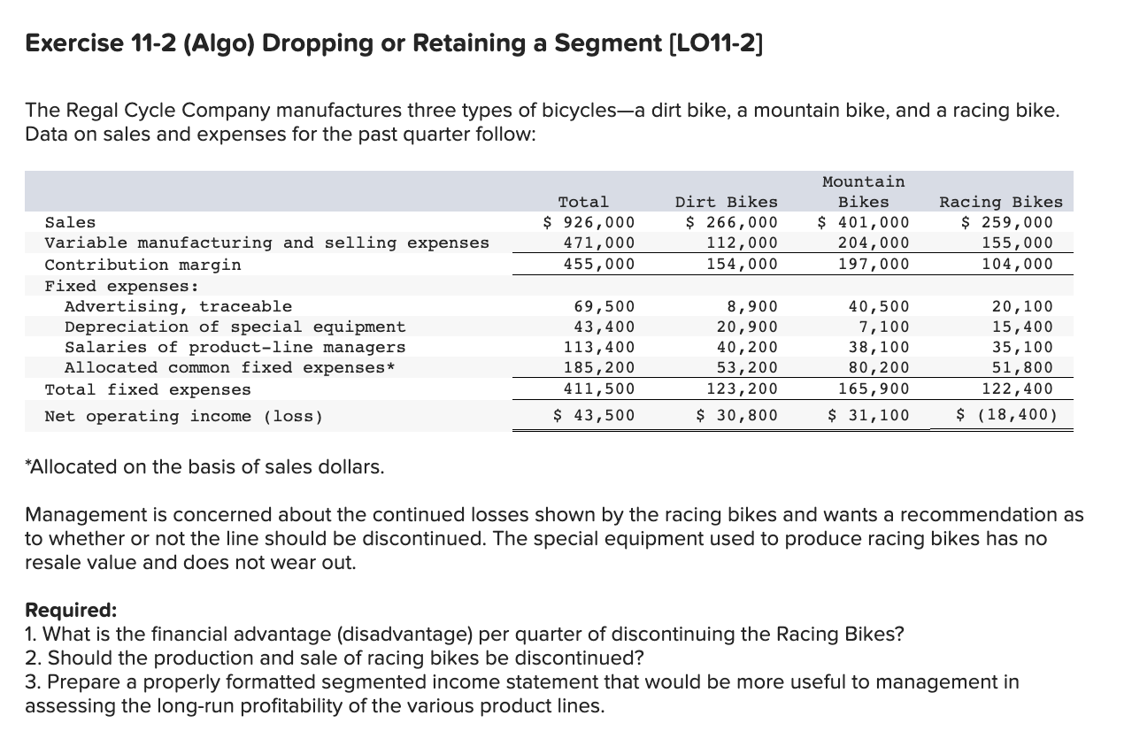 Solved Exercise 11-2 (Algo) Dropping or Retaining a Segment | Chegg.com