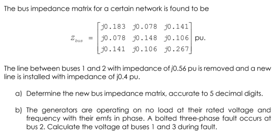 Solved The bus impedance matrix for a certain network is | Chegg.com