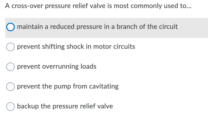Solved A cross-over pressure relief valve is most commonly | Chegg.com
