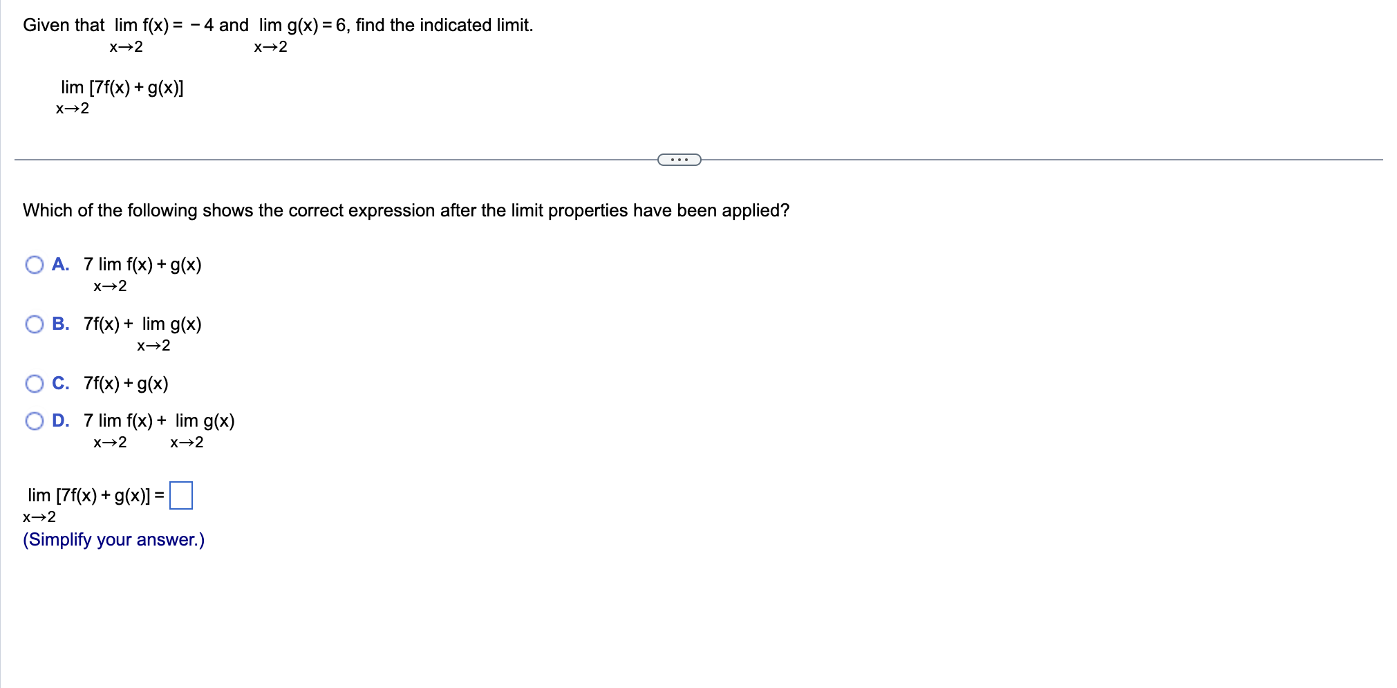 Solved Given that limx→2f(x)=−4 and limx→2g(x)=6, find the | Chegg.com