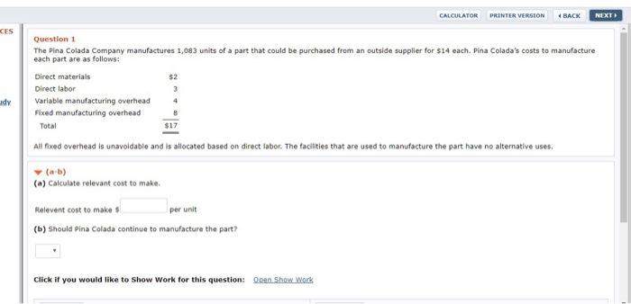 Solved PRINTER VERSION BACK CES Question 1 The Pina Colada | Chegg.com