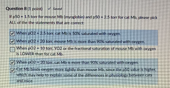 Solved If p50=1.5 torr for mouse Mb (myoglobin) and p50=2.5 | Chegg.com